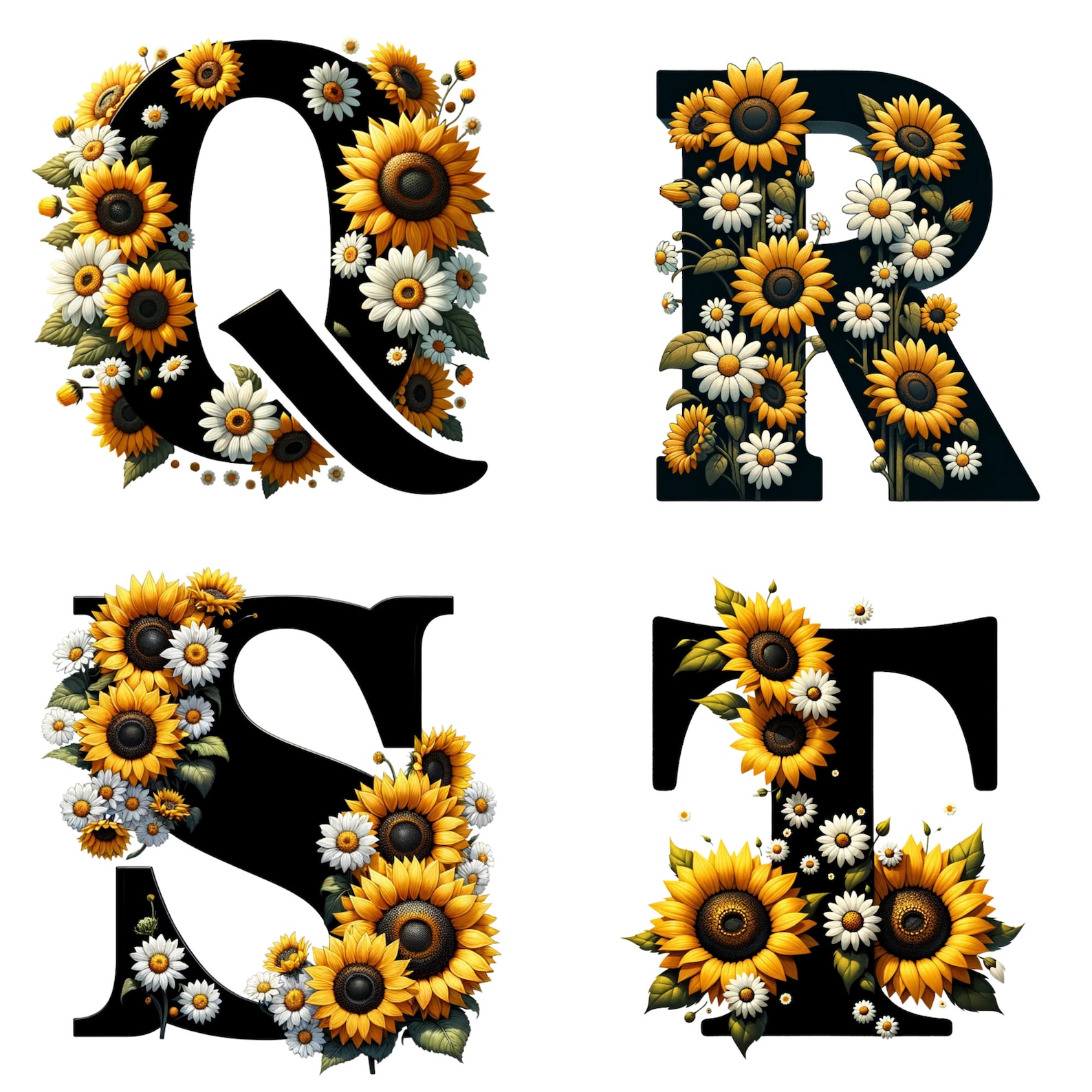 Sunflower & Daisy Alphabet and Numbers PNG Set With Commercial License ...