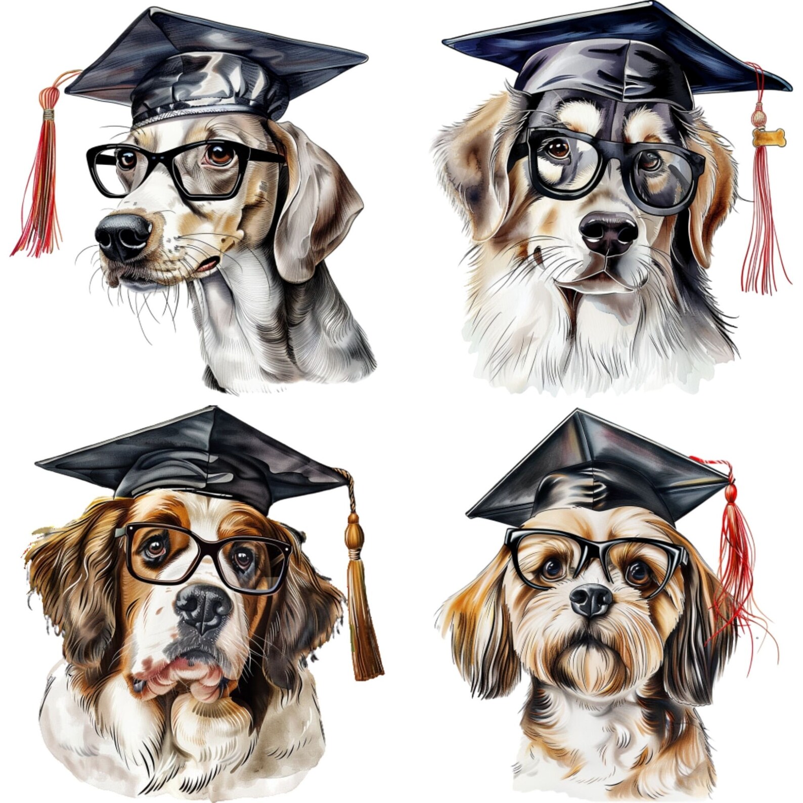 Graduated Dogs Clipart - Many Breeds With Caps and Glasses, 300 DPI PNG ...