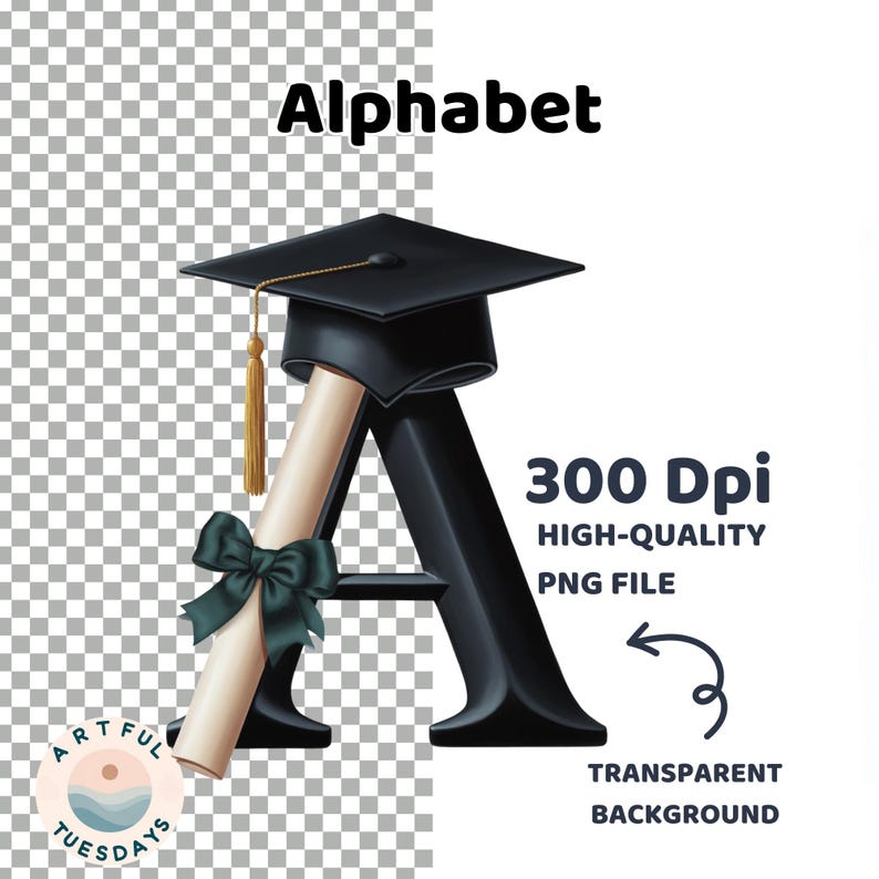 Graduation Alphabet Clipart: Black Cap, Green Ribbon (PNG Digital ...