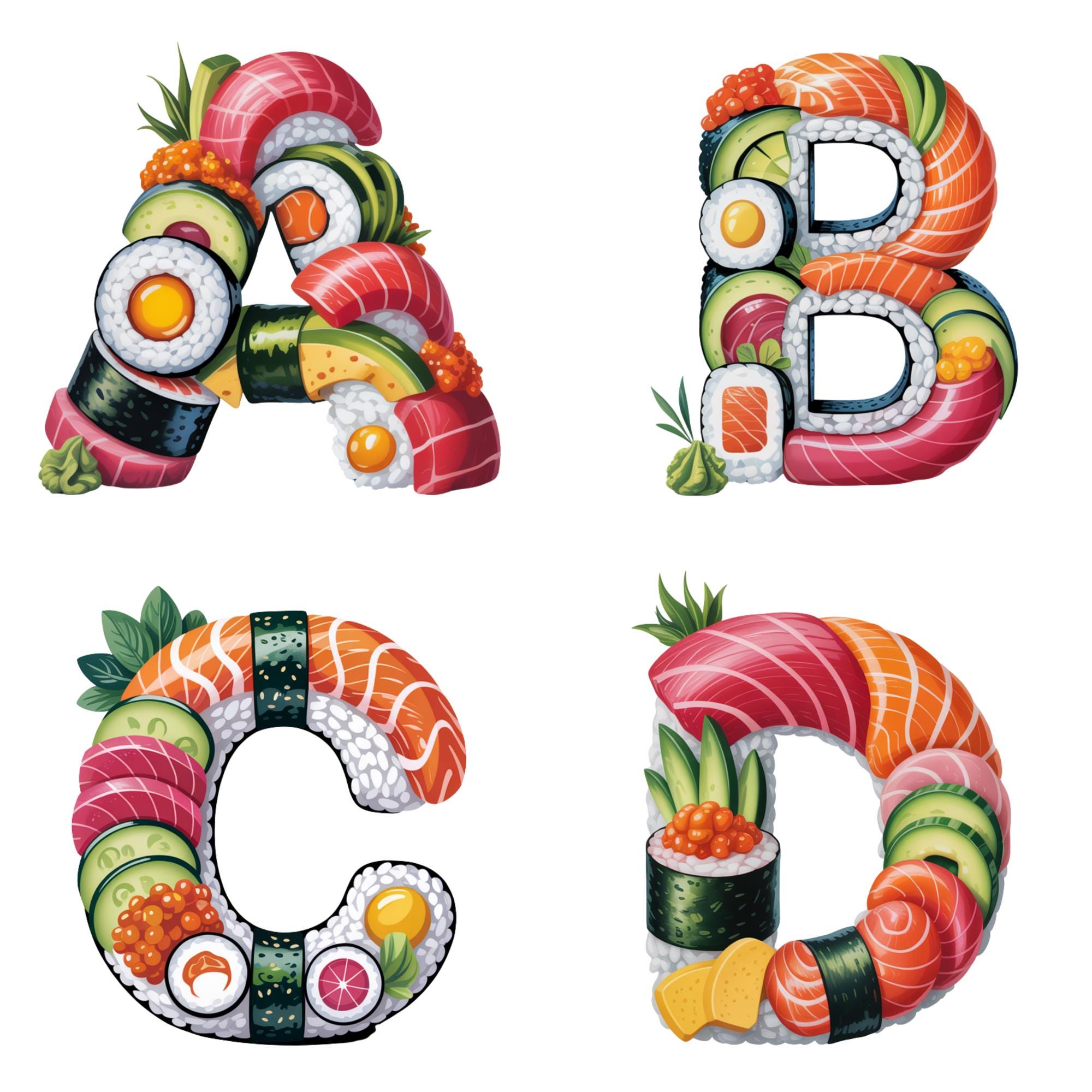 Sushi Alphabet Clipart: A-Z & 1-9 Kawaii Japanese Food Letters (300 DPI ...