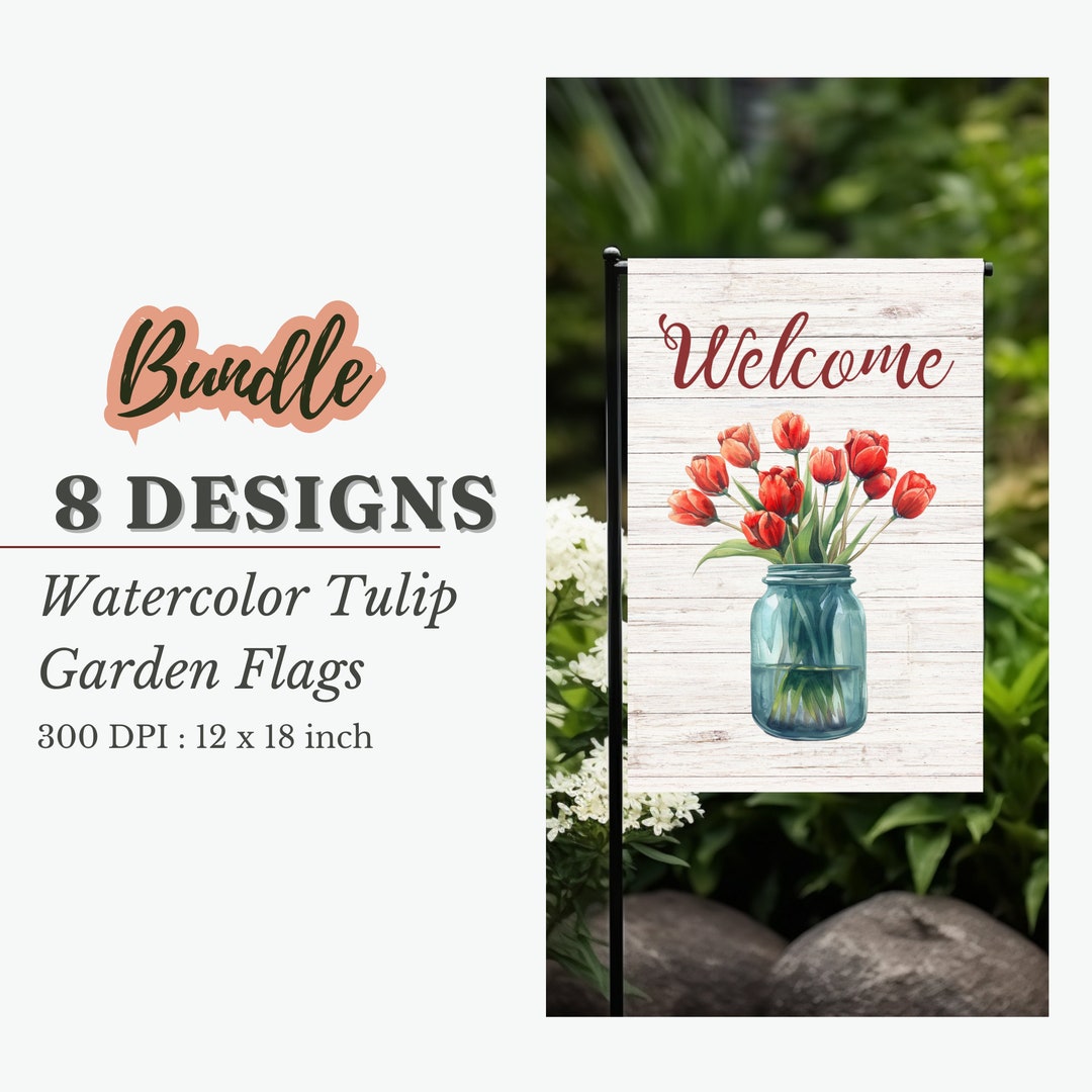 Watercolor Tulip Garden Flags Bundle Seasonal Colors & Messages, Rustic ...