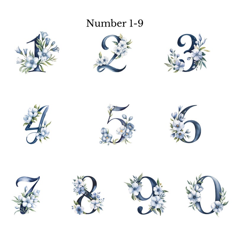 Elegant Blue Floral Alphabet Clipart | A-Z Letters & 0-9 Numbers | 300 ...