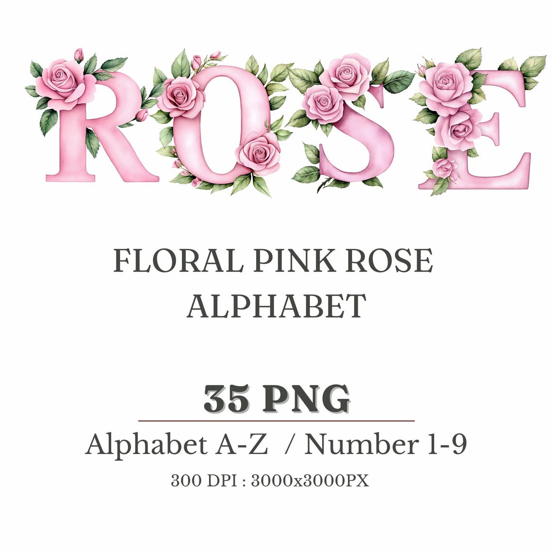 Floral Pink Rose Alphabet A-Z & Numbers 1-9 PNG, Watercolor Pink Rose ...