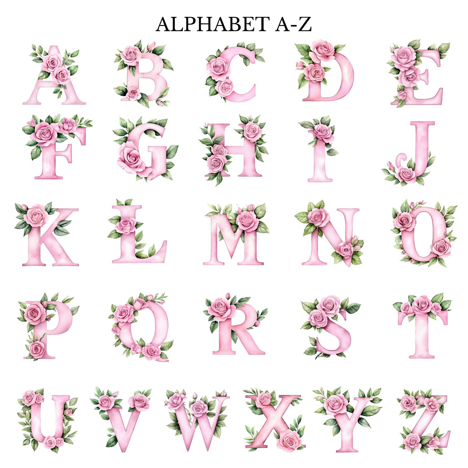 Floral Pink Rose Alphabet A-Z & Numbers 1-9 PNG, Watercolor Pink Rose ...