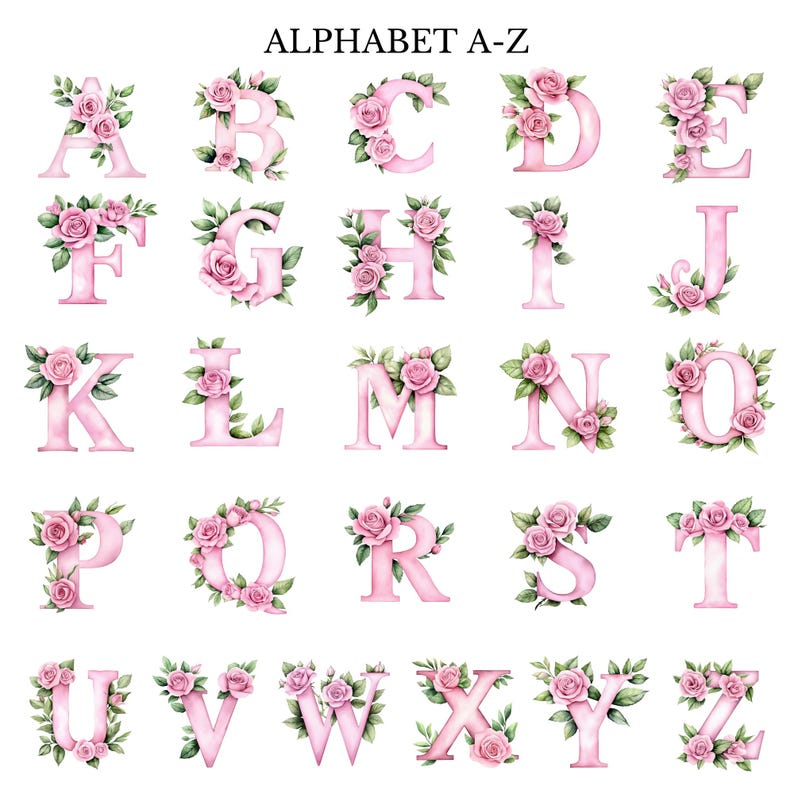 Floral Pink Rose Alphabet A-Z & Numbers 1-9 PNG, Watercolor Pink Rose ...