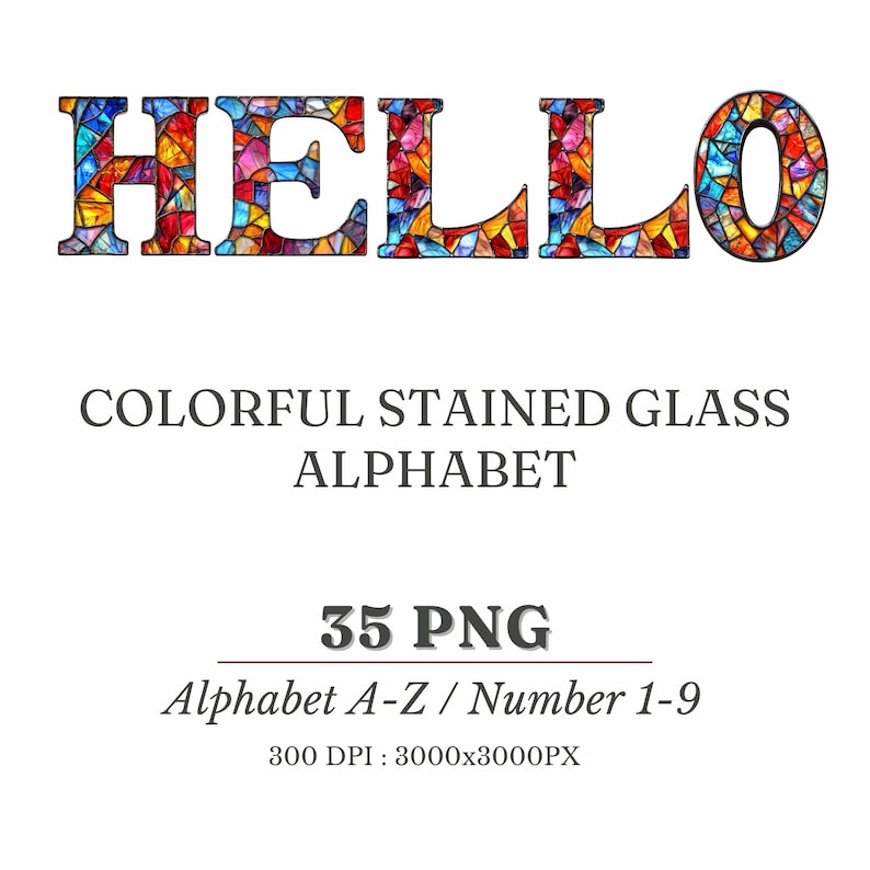 Colorful Stained Glass Alphabet A-Z & Numbers 1-9 Clip Art, Mosaic Font ...