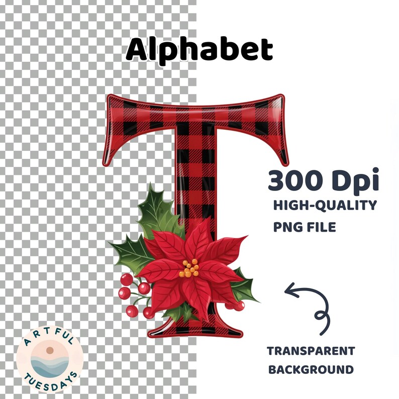 Red Buffalo Plaid Christmas Alphabet PNG: Holiday Clipart (digital ...