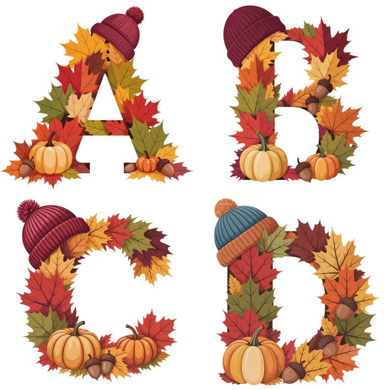 Fall Alphabet Clipart: Pumpkin & Leaf Letters With Beanies (300 DPI PNG ...