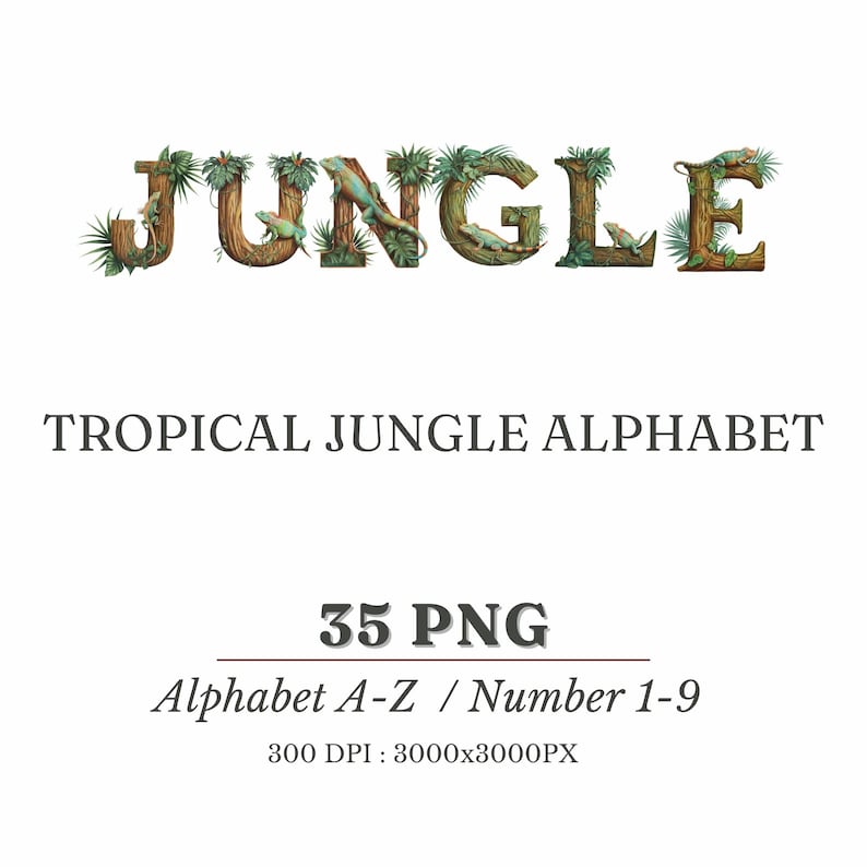 Tropical Jungle Alphabet A-Z Numbers 1-9 Clip Art - 300 DPI PNG - Lush ...