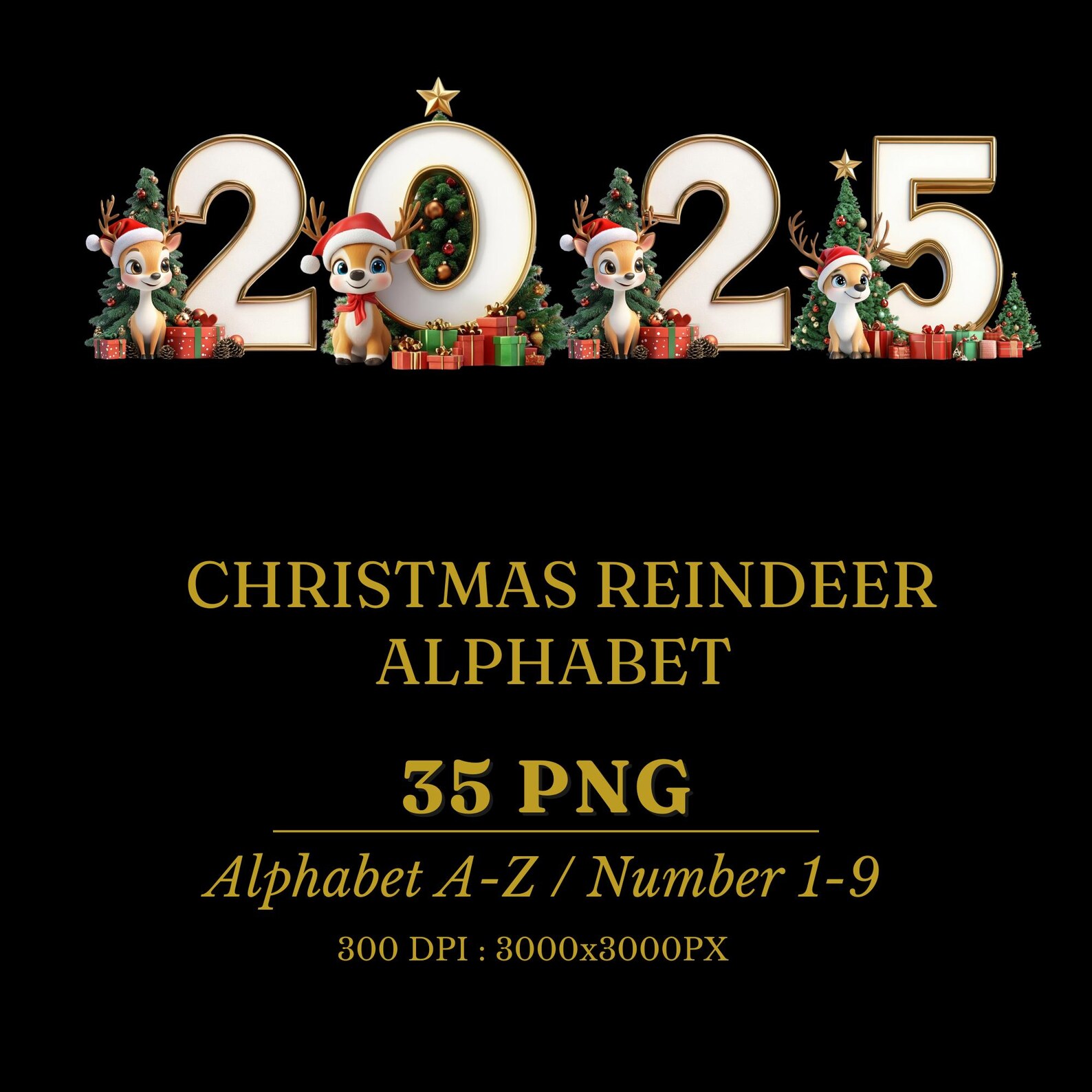 Christmas Reindeer Alphabet Clipart: A-Z Letters, 0-9 Numbers (PNG ...