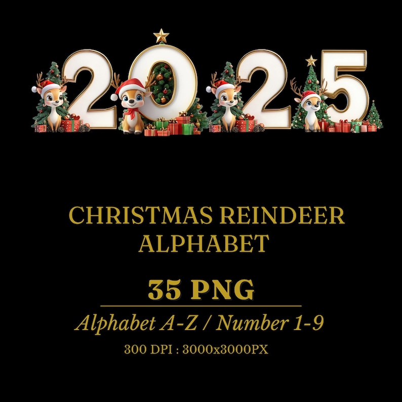 Christmas Reindeer Alphabet Clipart: A-Z Letters, 0-9 Numbers (PNG ...