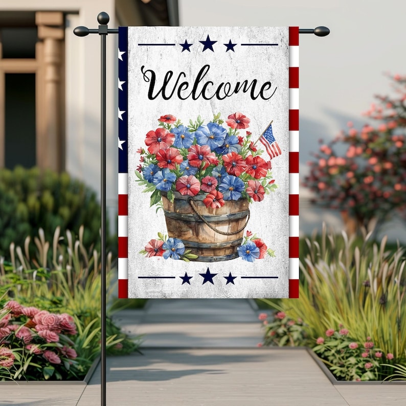 Patriotic Flowers Bucket Welcome Garden Flag - USA Floral Decor, Red ...