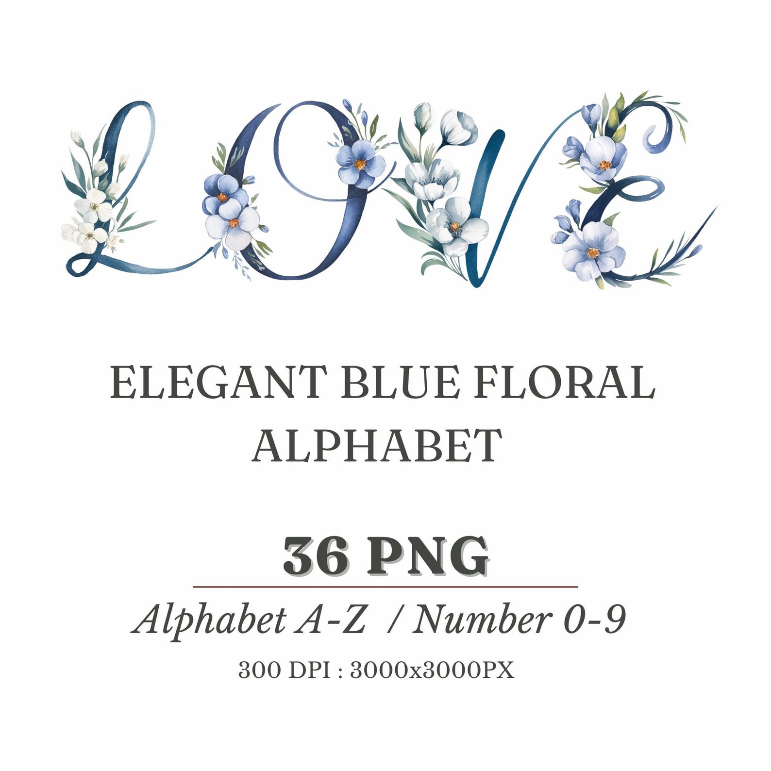 Elegant Blue Floral Alphabet Clipart | A-Z Letters & 0-9 Numbers | 300 ...