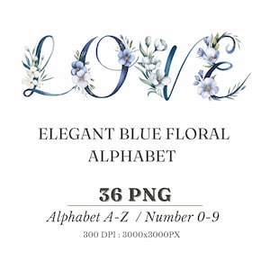 Elegant Blue Floral Alphabet Clipart | A-Z Letters & 0-9 Numbers | 300 ...