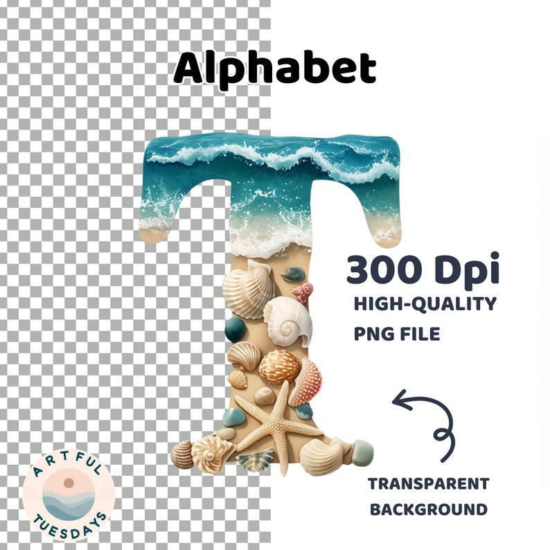Beach Alphabet Clip Art: Seashell Ocean Letters, Coastal Numbers (PNG ...