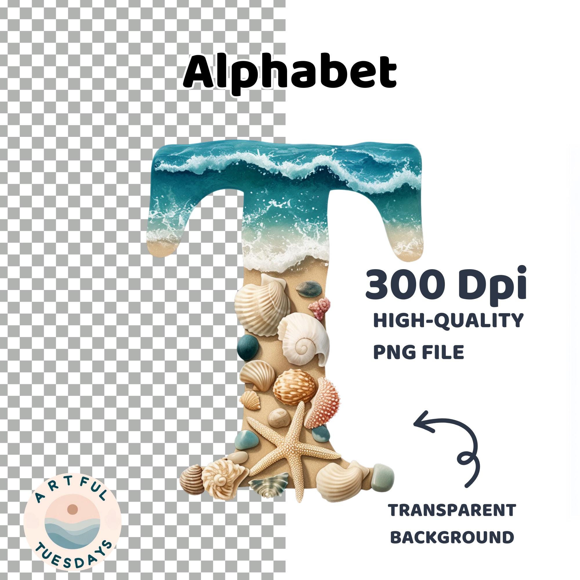 Beach Alphabet Clip Art: Seashell Ocean Letters, Coastal Numbers (PNG ...