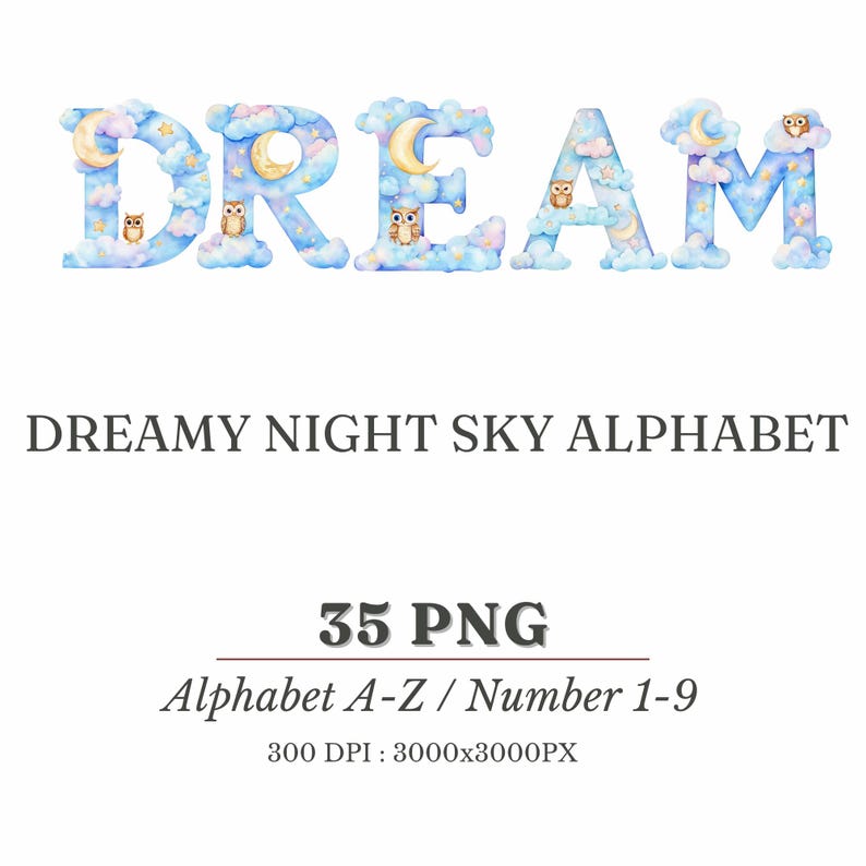 Dreamy Night Sky Alphabet A-Z Numbers 1-9 Clipart | 300 DPI PNG | Moon ...