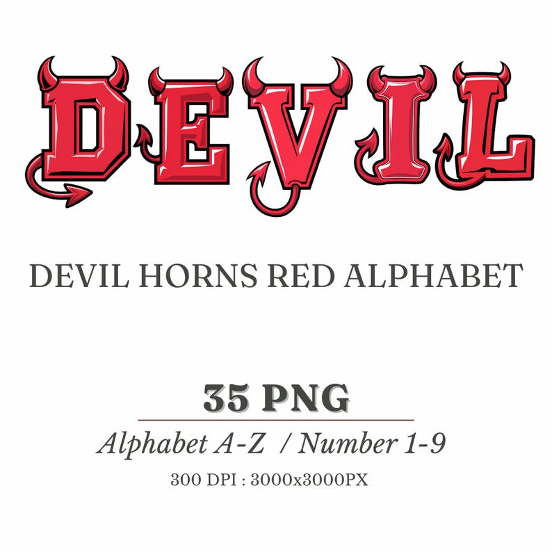Devil Horns Gothic Font Clipart: Red Halloween Alphabet, Numbers (PNG ...