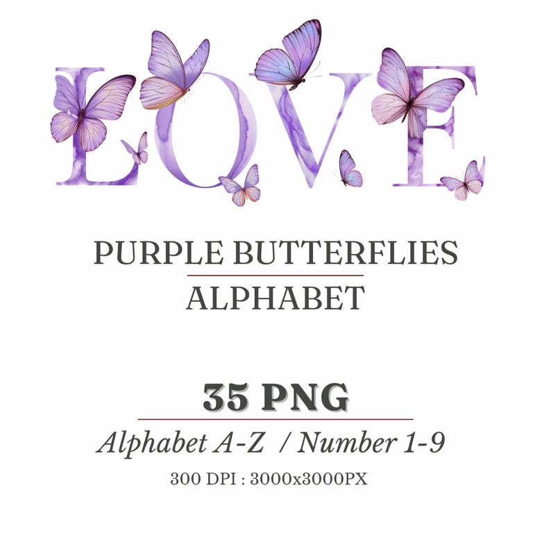 Purple Butterfly Alphabet Clipart: Watercolor Letters & Numbers ...