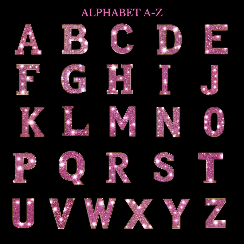 Pink Glitter Alphabet A-Z & Numbers 1-9 Clipart | 300 DPI PNG ...