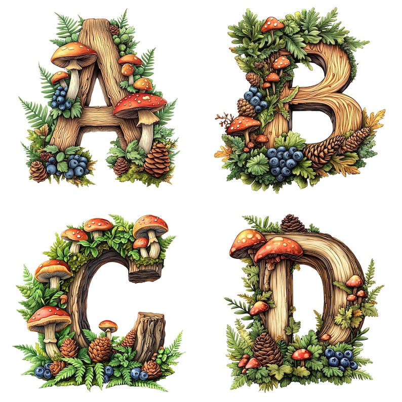Forest Themed Alphabet A-Z Numbers 1-9 Clip Art, 3D Monogram Letter ...