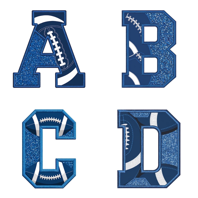 Blue Football Alphabet Letters A-Z, Numbers 0-9 Faux Embroidery Stitch ...