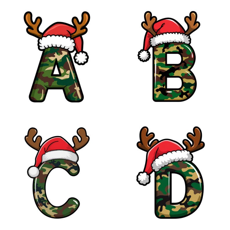 Christmas Camo Alphabet Clip Art A-Z & 0-9 | Santa Hat, Reindeer ...