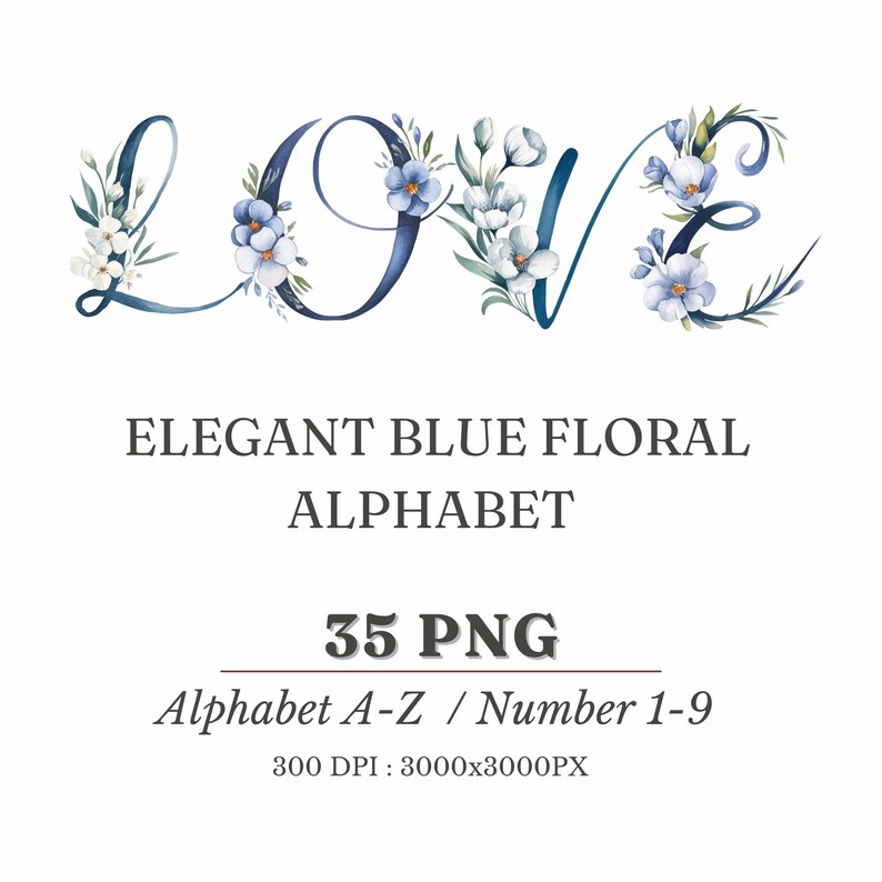 Elegant Blue Floral Alphabet Clipart | A-Z Letters & 1-9 Numbers | 300 ...