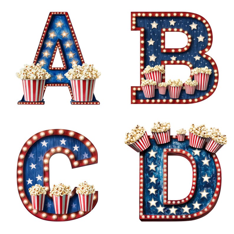 Cinematic Watercolor Movie Night Alphabet A-Z & Numbers 1-9, Marquee ...