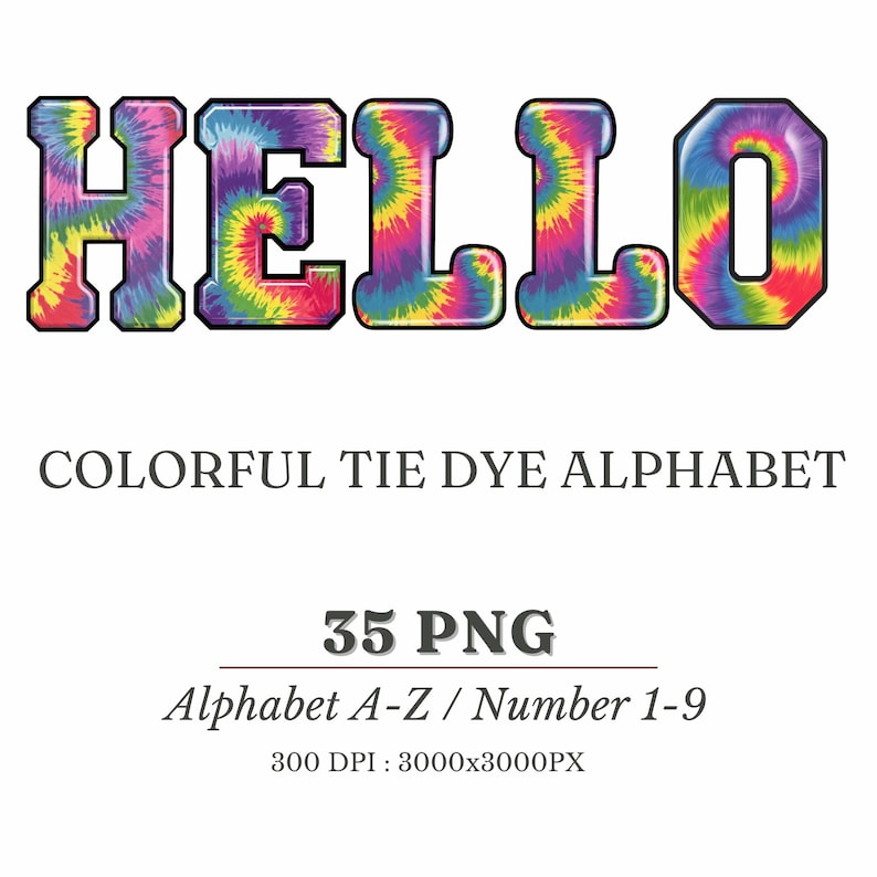 Tie Dye Alphabet Clipart: A-Z and 1-9, 300 DPI PNG (digital Download ...