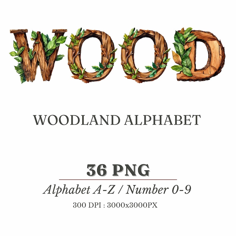 Woodland Alphabet Clipart: Rustic Wood Leaf Font (PNG Digital Download ...