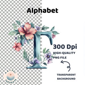 Floral Alphabet A-Z Numbers 1-9 Clip Art - 300 DPI PNG - Elegant Flower ...
