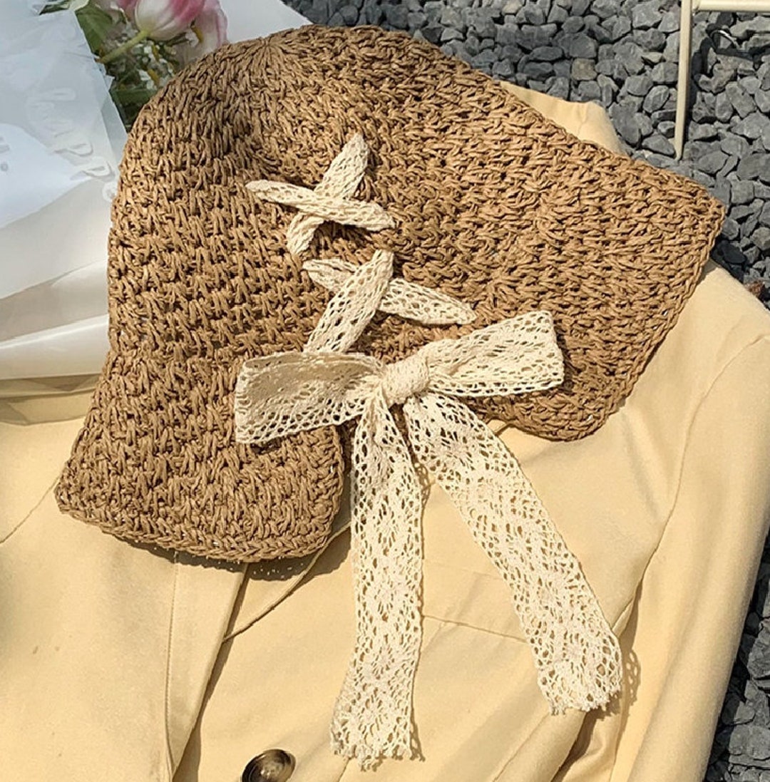 Black Crochet Woven Straw Hat With Drawstring at the Back - Etsy