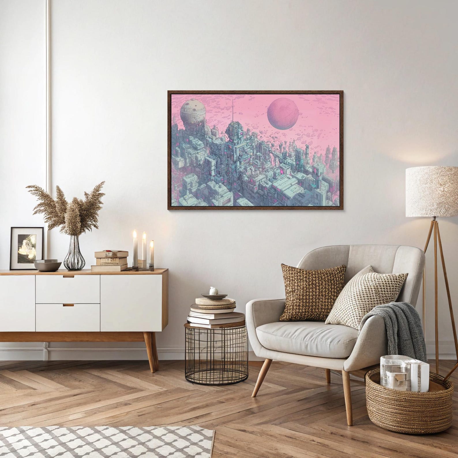 Pink and Blue Cyberpunk City Illustration Print, Futuristic Solarpunk ...