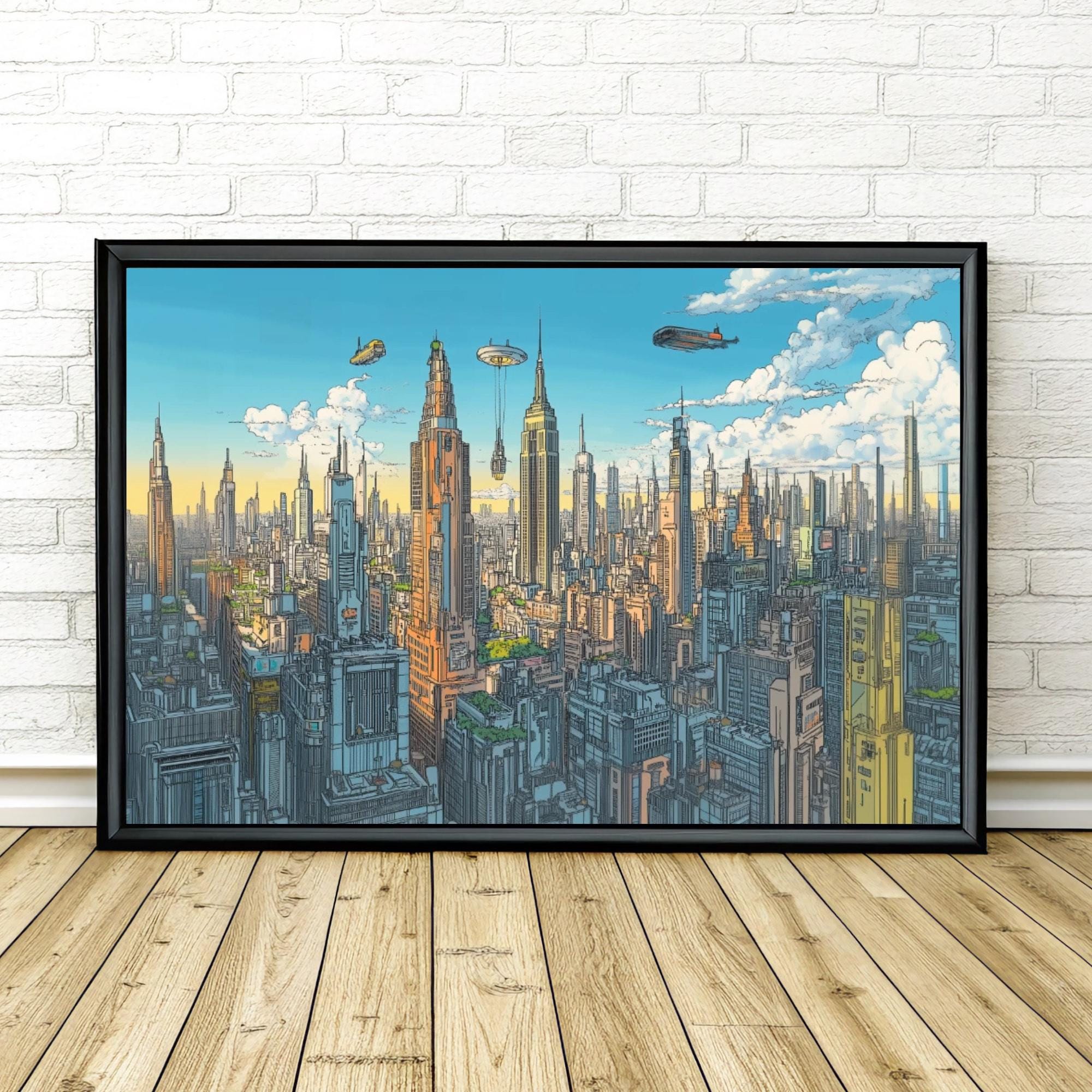 Futuristic City Print, Moebius Inspired Sci-fi Skyline Art, Cyberpunk ...
