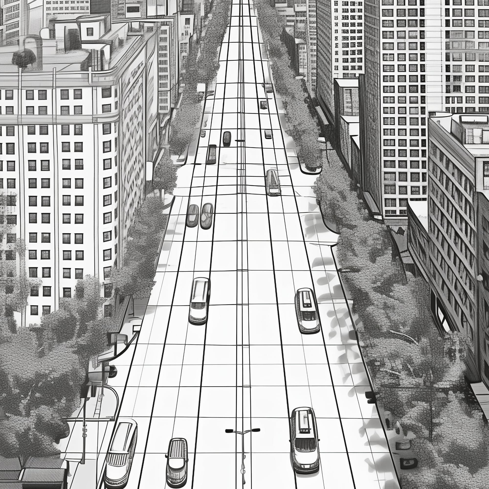 Detailed Cityscape With Skyscrapers and Avenue in Perspective, Urban ...