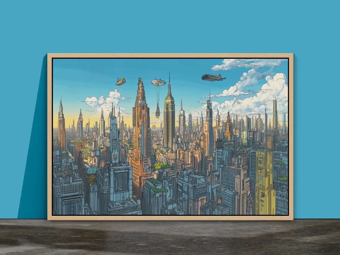 Futuristic City Print, Moebius Inspired Sci-fi Skyline Art, Cyberpunk ...