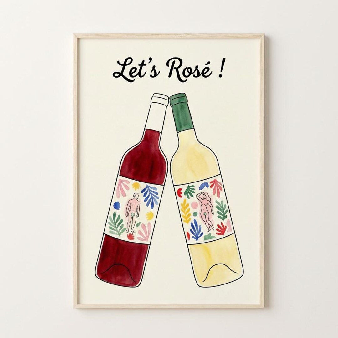 Adam and Eve Wine Art Print Let's Rosé Matisse Inspired Line Art Poster ...