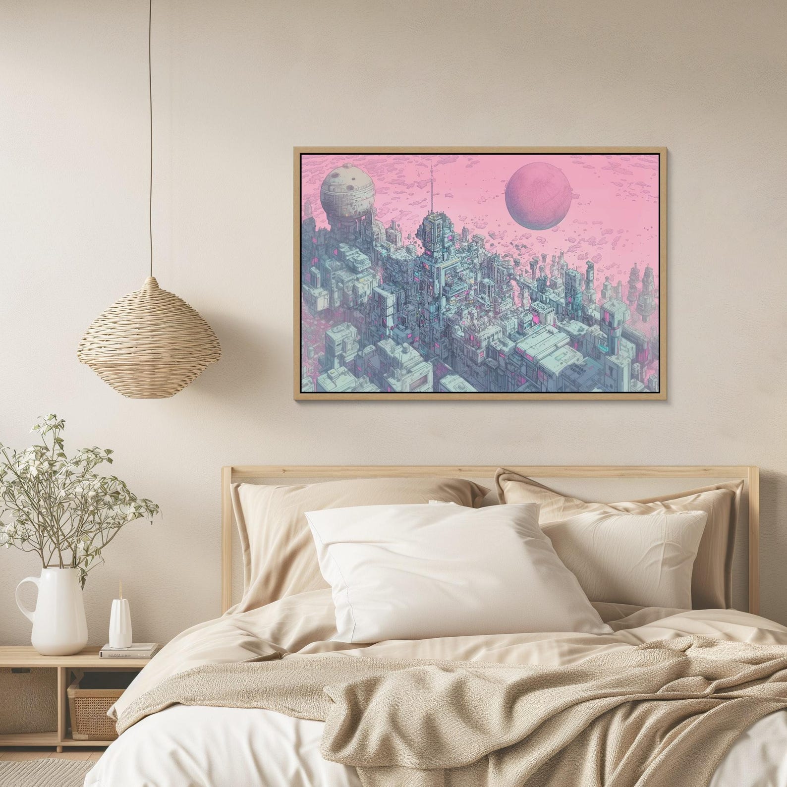 Pink and Blue Cyberpunk City Illustration Print, Futuristic Solarpunk ...