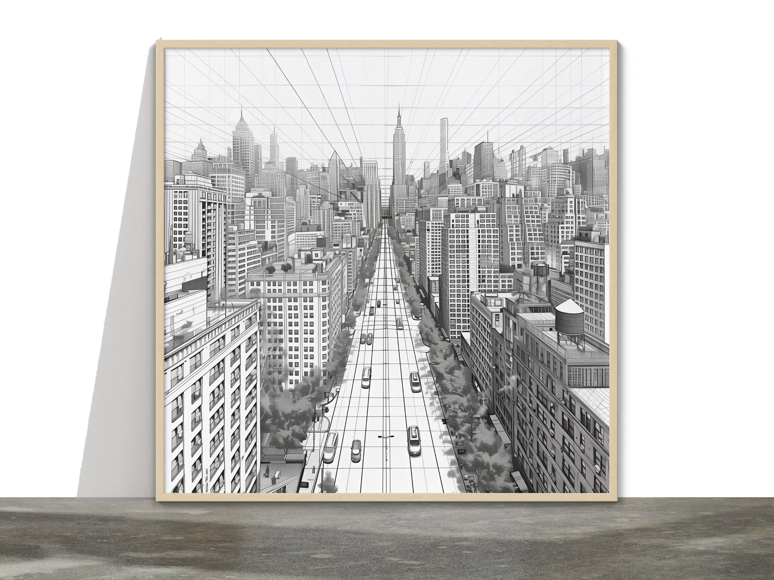 Detailed Cityscape With Skyscrapers and Avenue in Perspective, Urban ...