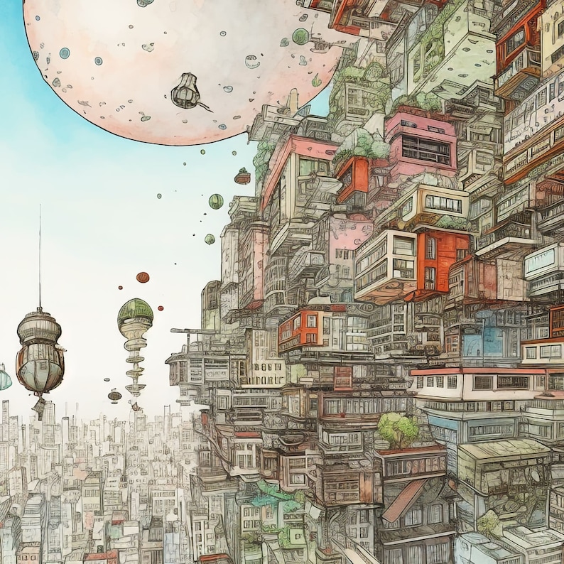 Stacked Buildings on a Foreign Planet, Sci-fi Illustration, Colorful ...
