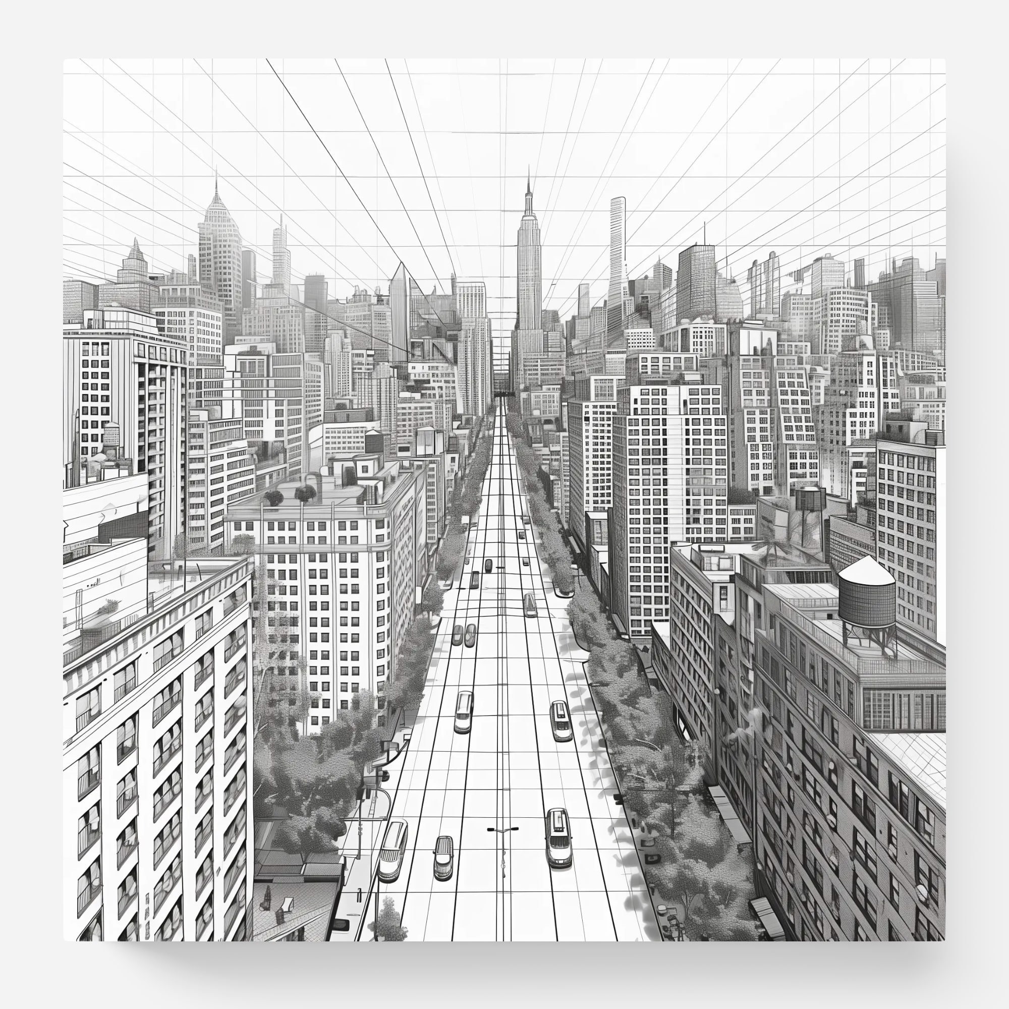 Detailed Cityscape With Skyscrapers and Avenue in Perspective, Urban ...