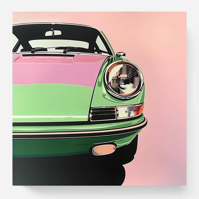 Vintage Pink Sports Car on Pastel Background, Retro Wall Decor, Classic ...