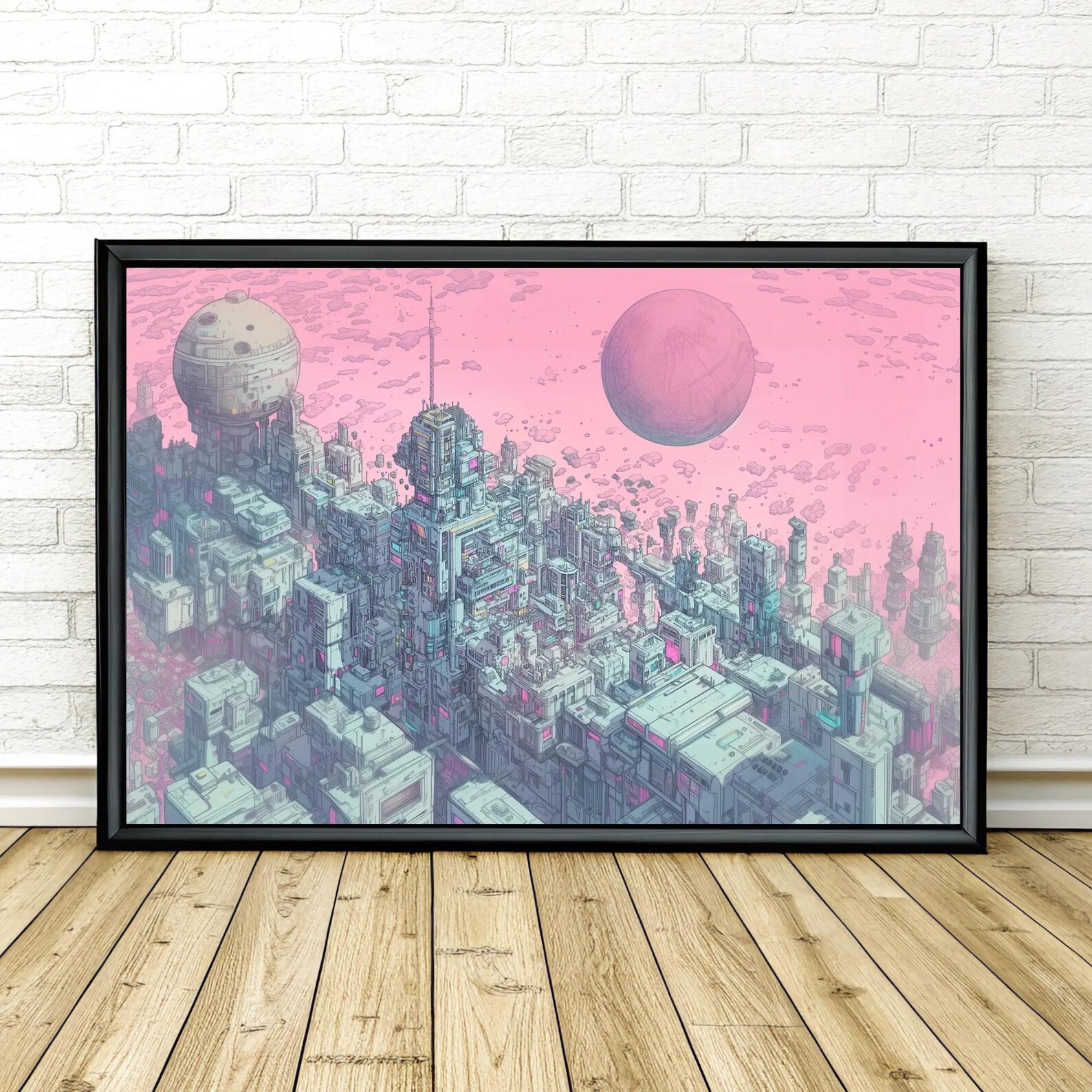 Pink and Blue Cyberpunk City Illustration Print, Futuristic Solarpunk ...