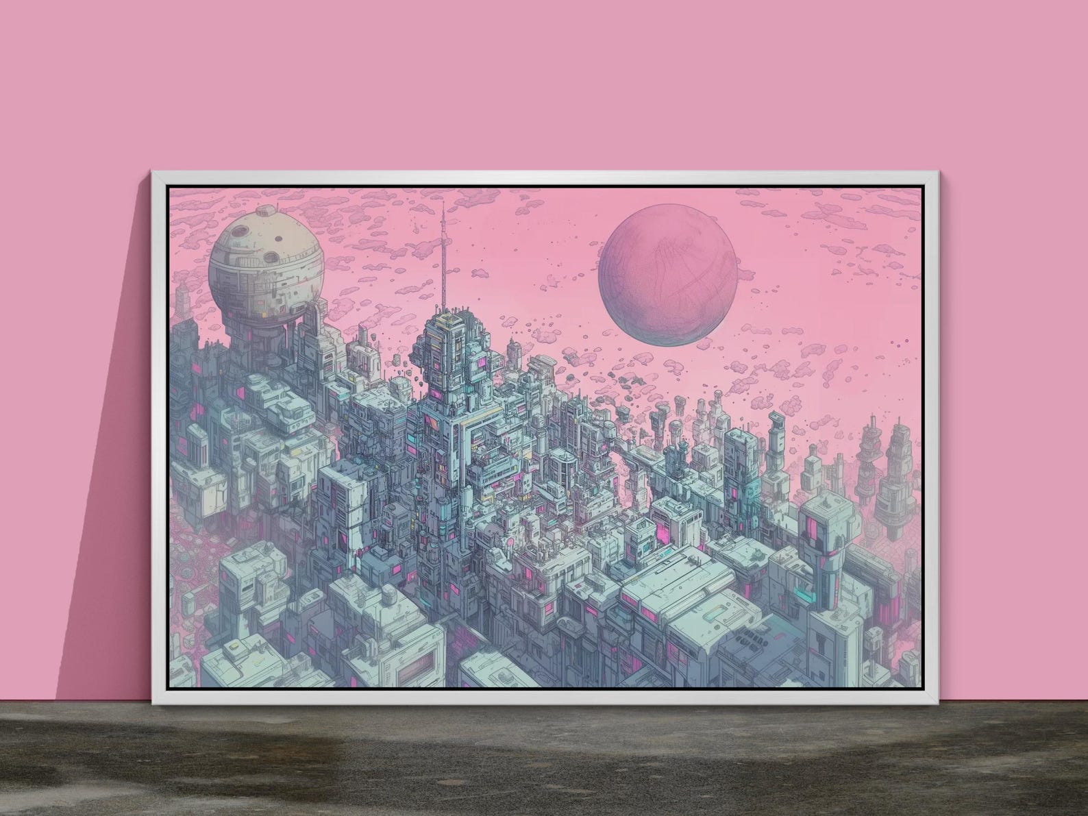 Pink and Blue Cyberpunk City Illustration Print, Futuristic Solarpunk ...