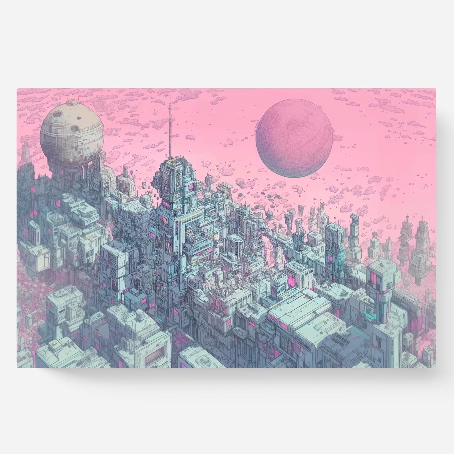 Pink and Blue Cyberpunk City Illustration Print, Futuristic Solarpunk ...
