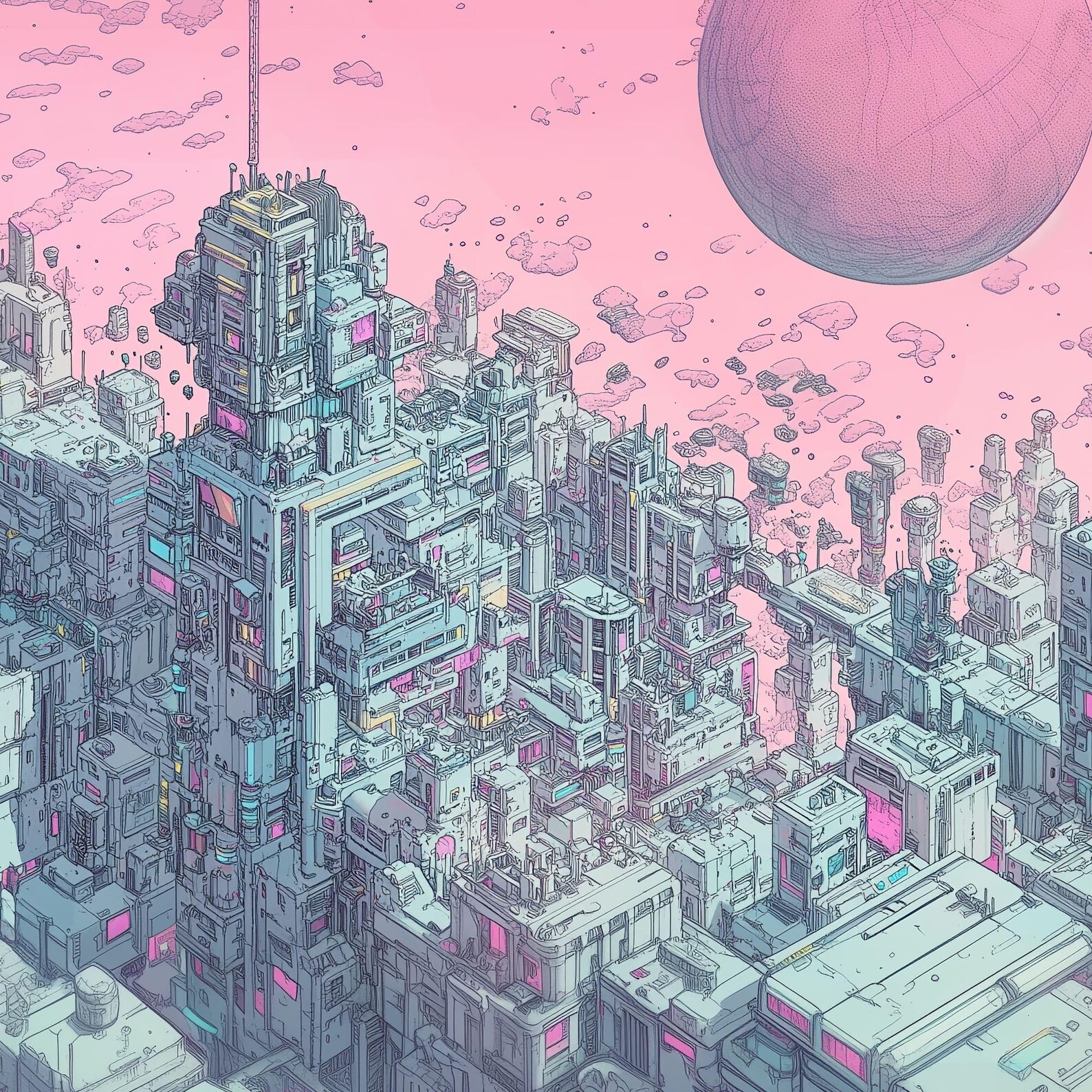 Pink and Blue Cyberpunk City Illustration Print, Futuristic Solarpunk ...