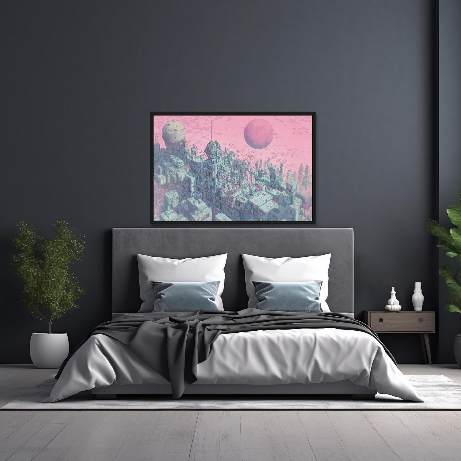 Pink and Blue Cyberpunk City Illustration Print, Futuristic Solarpunk ...