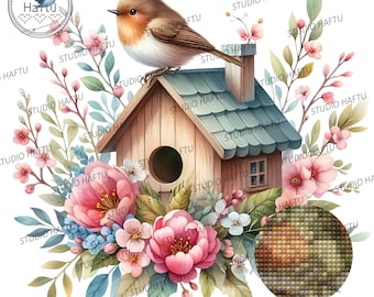 Cross Stitch Pattern Featuring Birdhouse and Flower Design, Printable ...