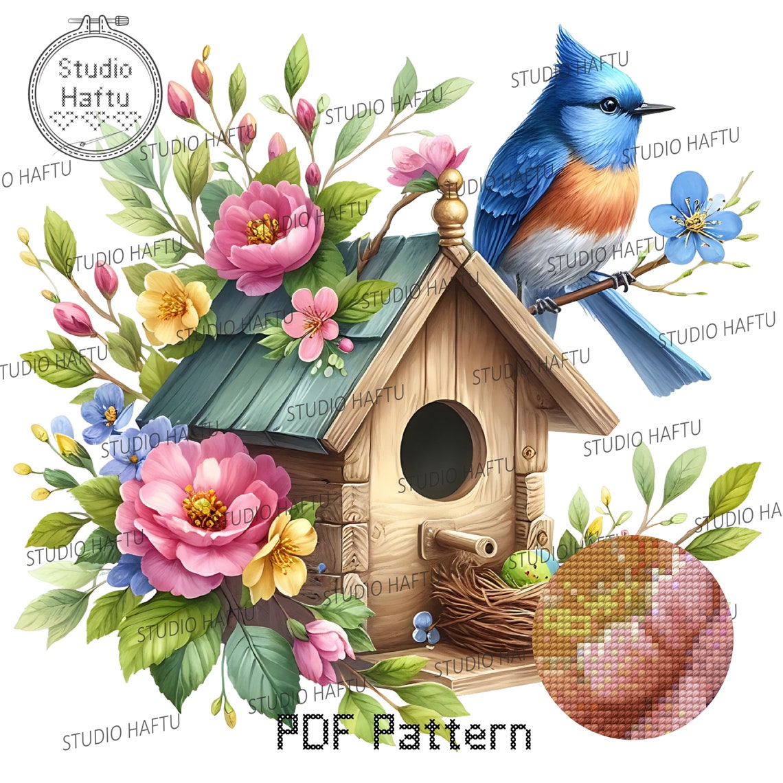 Cross Stitch Pattern Featuring Birdhouse and Flower Design, Printable ...